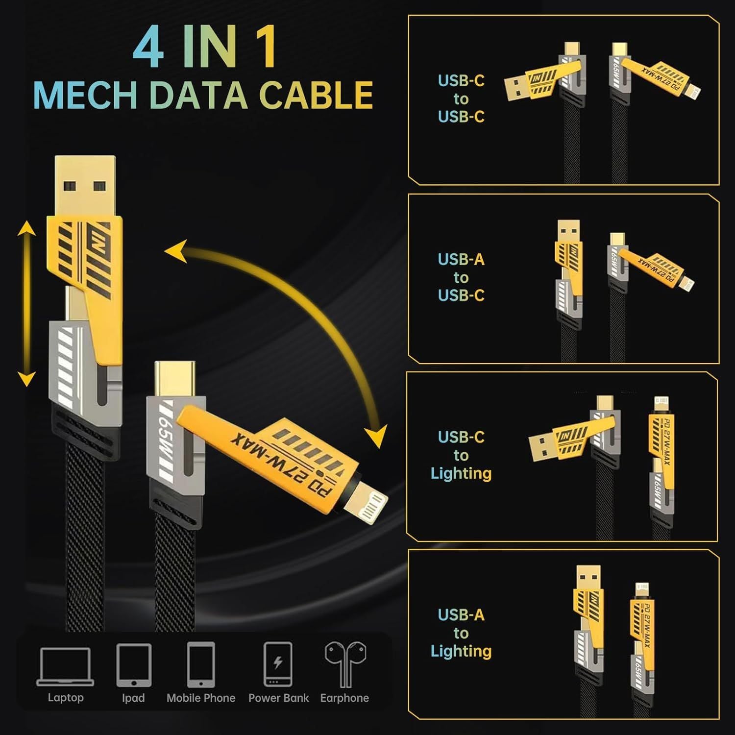 4in1 Mech 65W Universal Super Fast Charging Data Cable– Jaatara